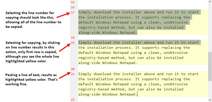 NotePad 3 v4.18 and RC v5.18 both Incorrectly selecting line number of first row only! · Issue ...